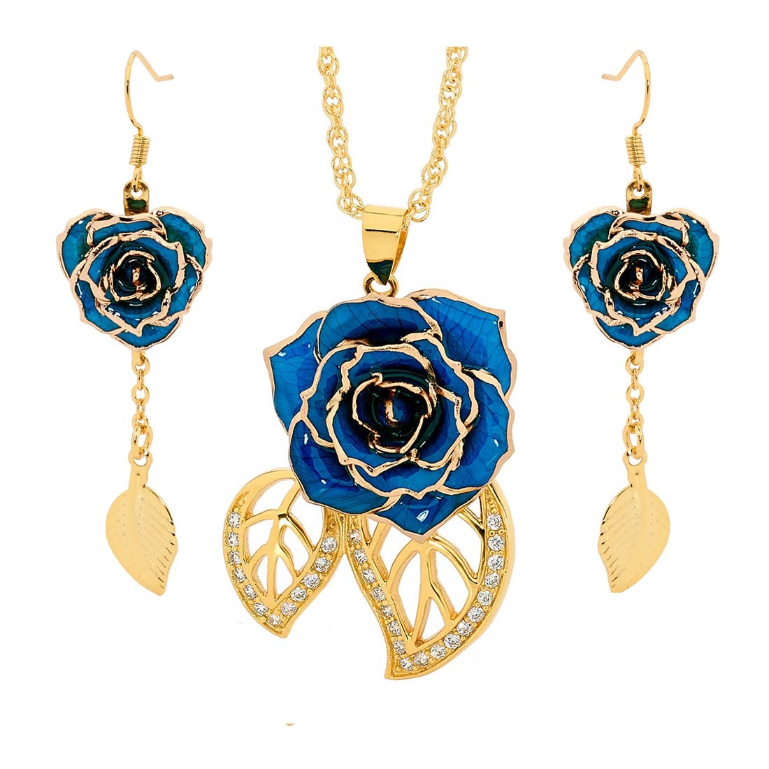 Blue Matched Set in 24K Gold Leaf Theme. Glazed Rose Pendant & Earrings